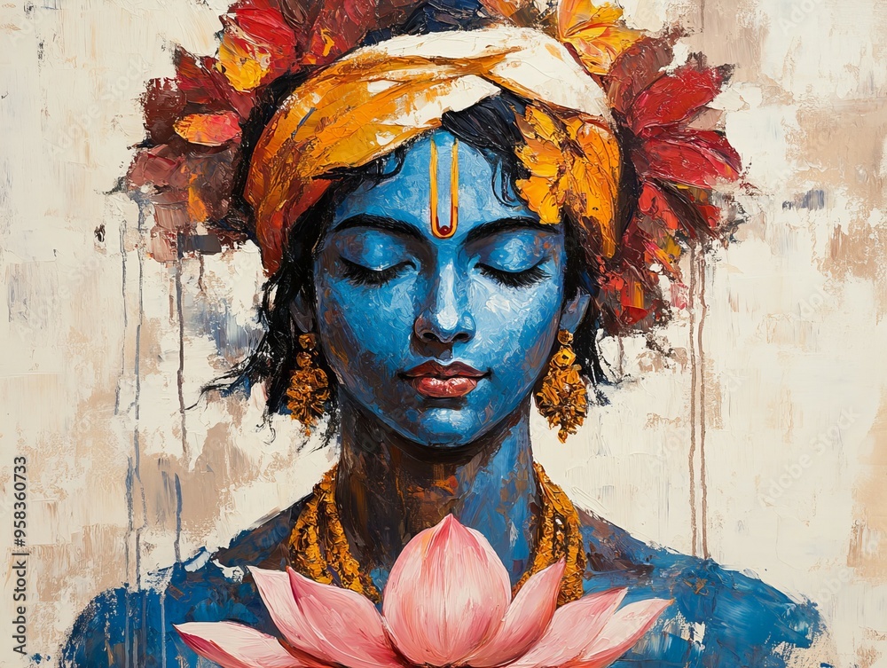 Artistic portrait of Krishna with vibrant lotus flowers, detailed close ...