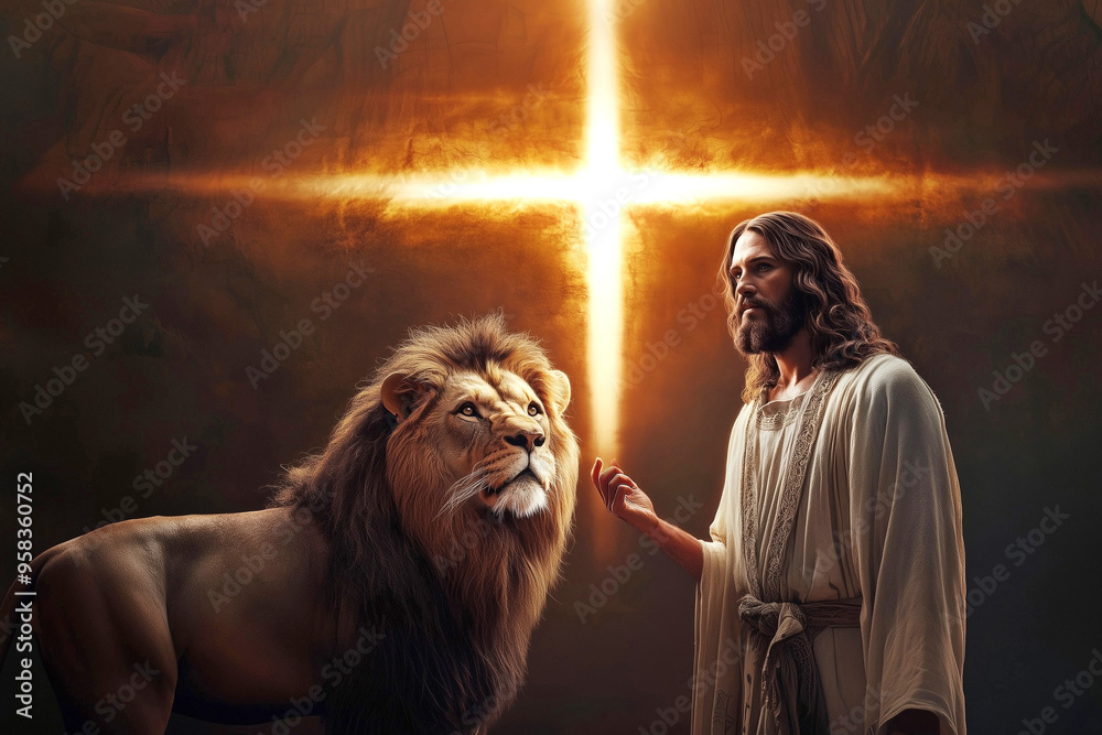 Jesus And Lion Of Judah Stand Together Under Glowing Cross [16 9
