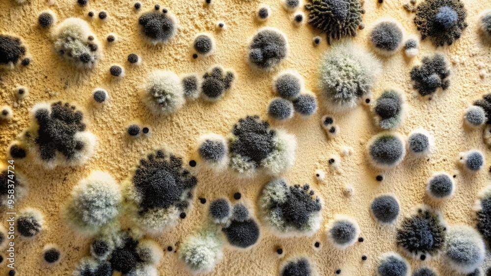 Black mold spores growing on a textured wall surface, bacteria, fungus ...