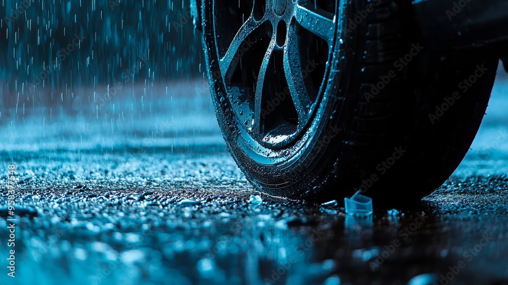 Car tires on a wet road, with microplastic particles from tire wear ...