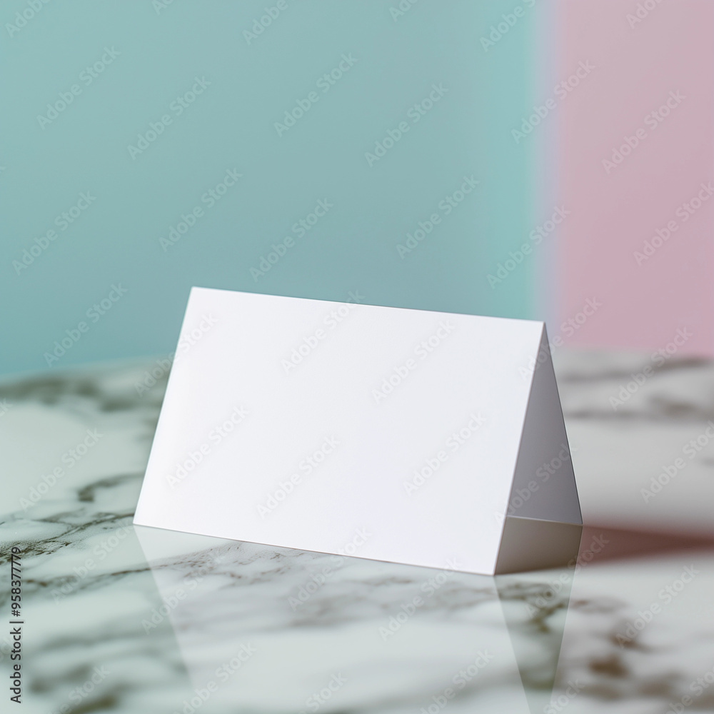 White blank tent card mockup marble background food label pastel colors ...