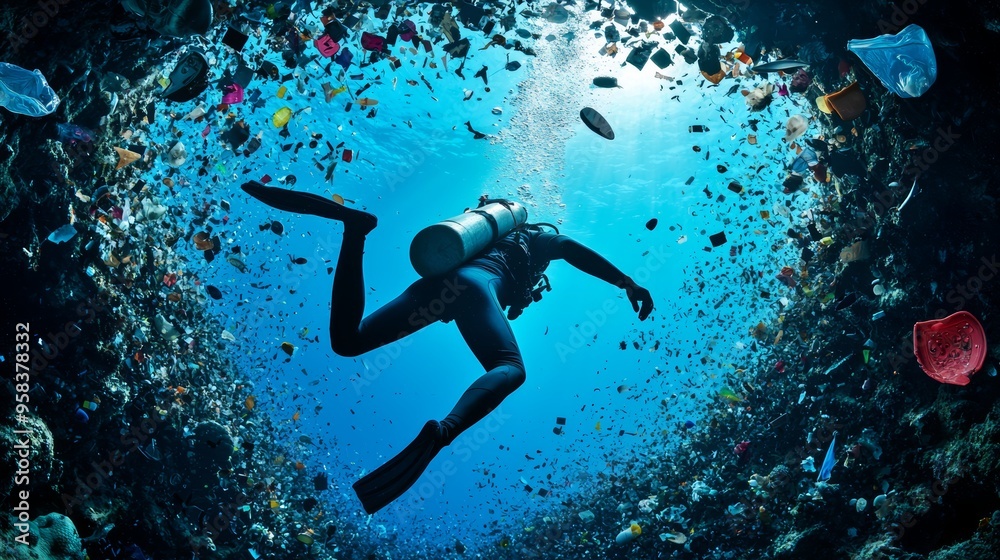 Diver swimming through a marine environment filled with microplastic ...