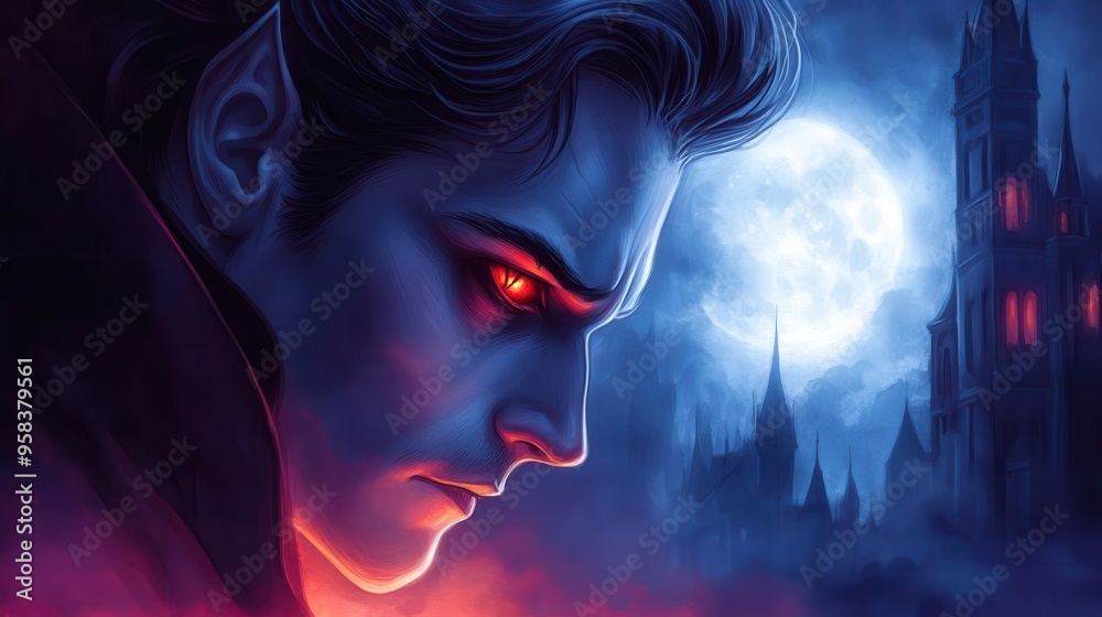 Dark, intense vampire character with glowing red eyes against eerie ...