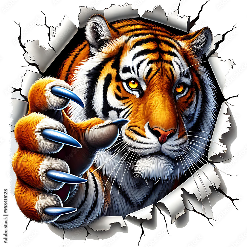 Tiger breaking through a torn wall with extended claws, intense gaze ...