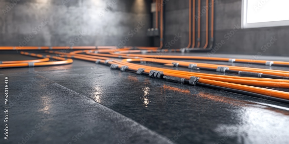 3D rendering of an electrical conduit system with cables installed on a ...