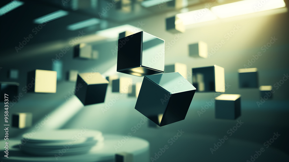 Floating 3D cubes with reflective surfaces, hovering in a space with ...