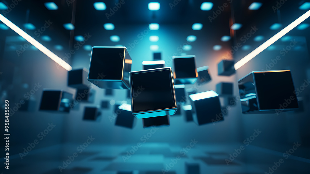 Floating 3D cubes with reflective surfaces, hovering in a space with ...