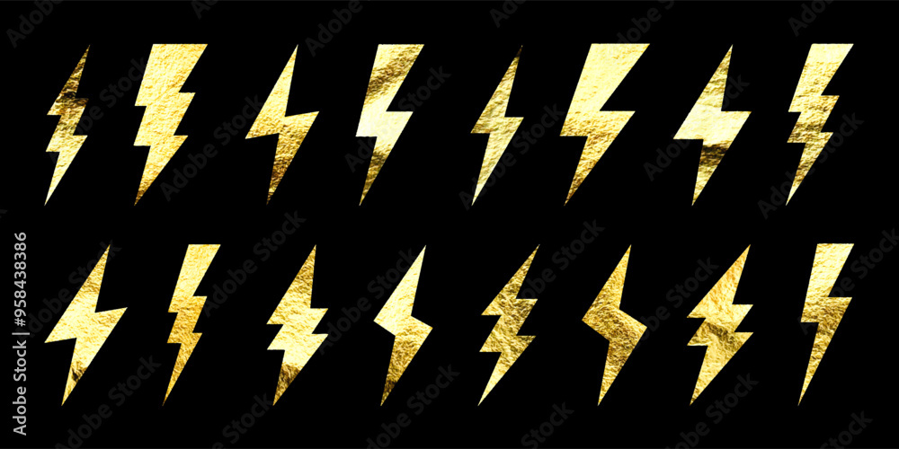 Golden lightning bolt icons collection. Gold foil texture. Flash symbol ...