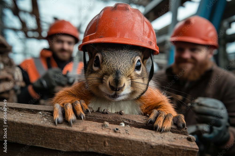 Construction workers interact with an adorable squirrel wearing a tiny ...
