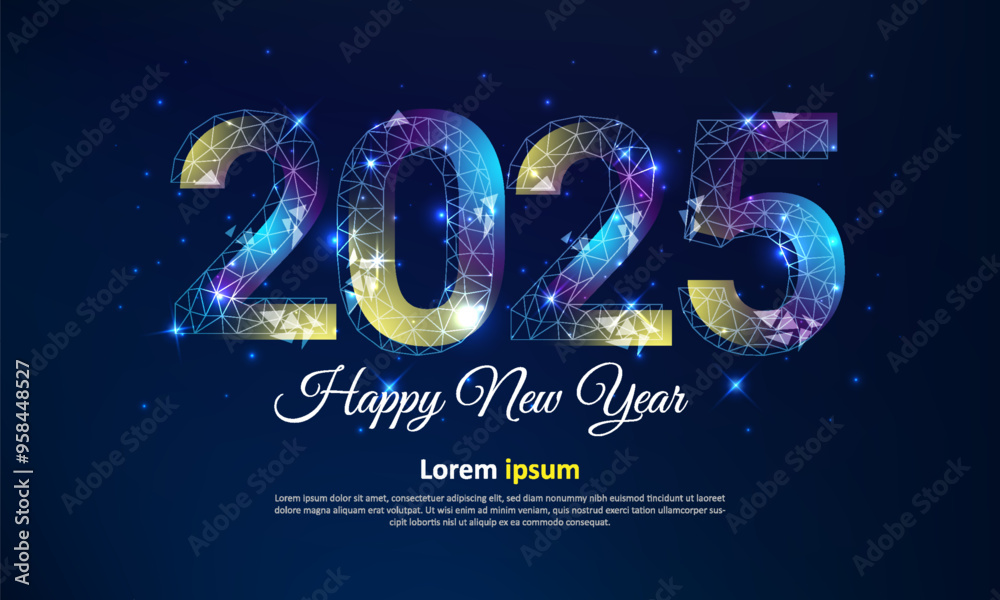 2025 Happ New Year graphic design. Line style colorful number on blue ...