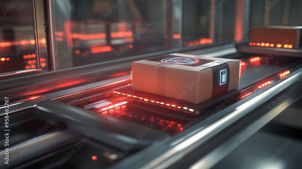 Photograph of a parcel being transported on a conveyor belt in a modern ...