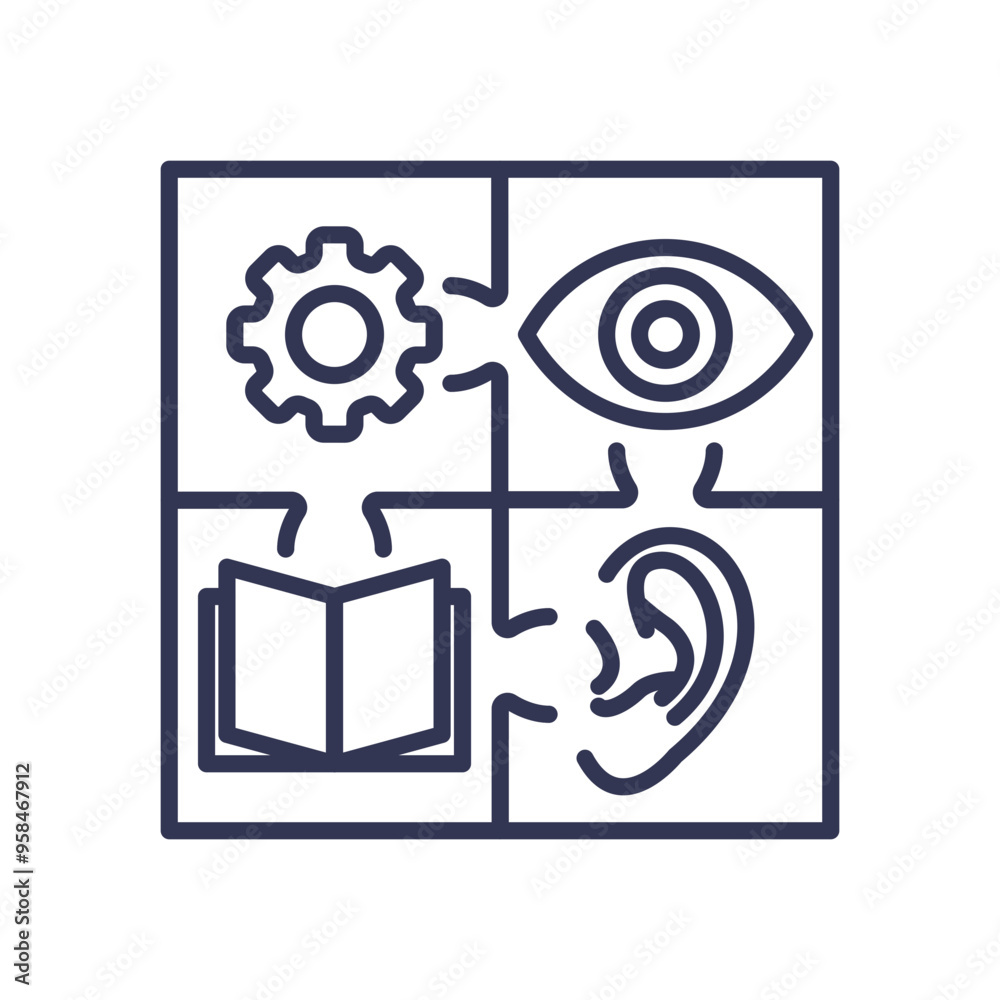 Icons of a gear, eye, book, and ear representing multimodal learning ...
