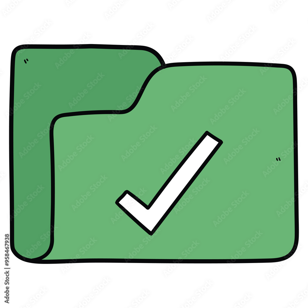 Hand drawn cartoon icon green folder icon with check mark on white ...