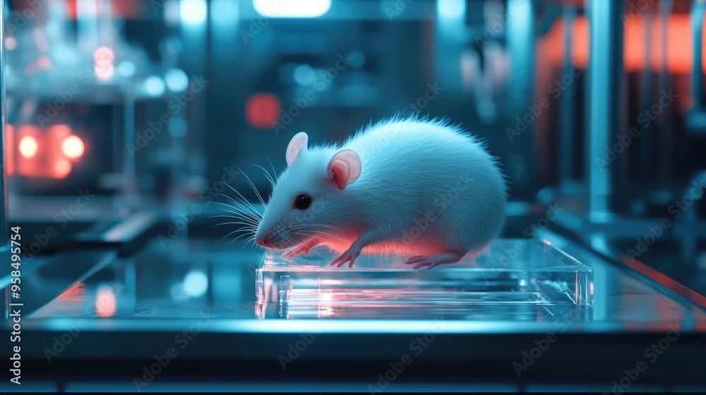 White rat in a clear experiment box, showcasing a futuristic laboratory ...