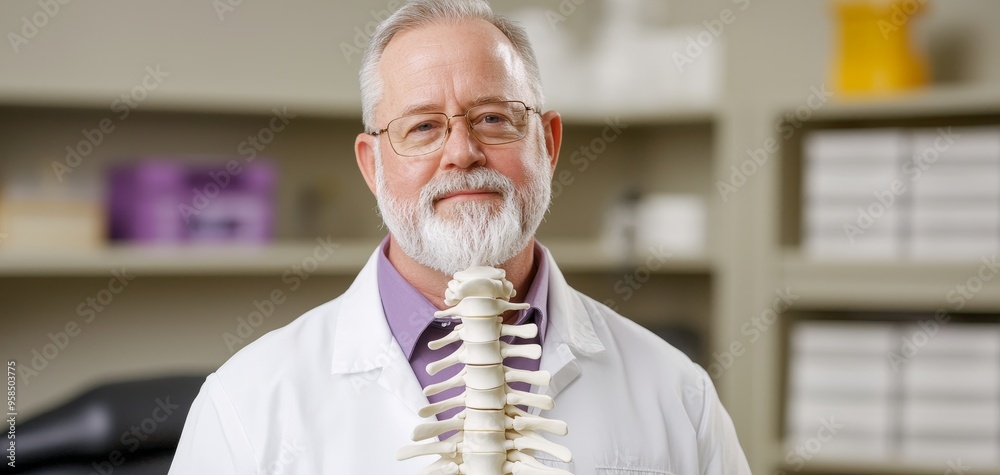 Physician explaining spinal issues using a detailed model, representing ...