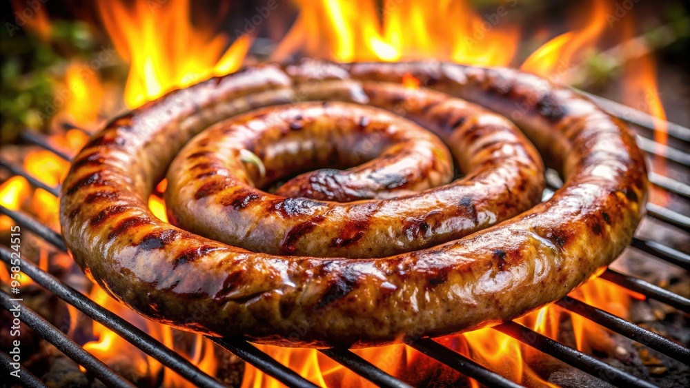 Foto de Stock Cinematic image of Boerewors sausage sizzling on a ...