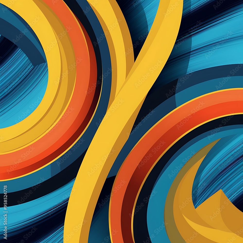 Top view of curved multicolored lines on blue and yellow background ...