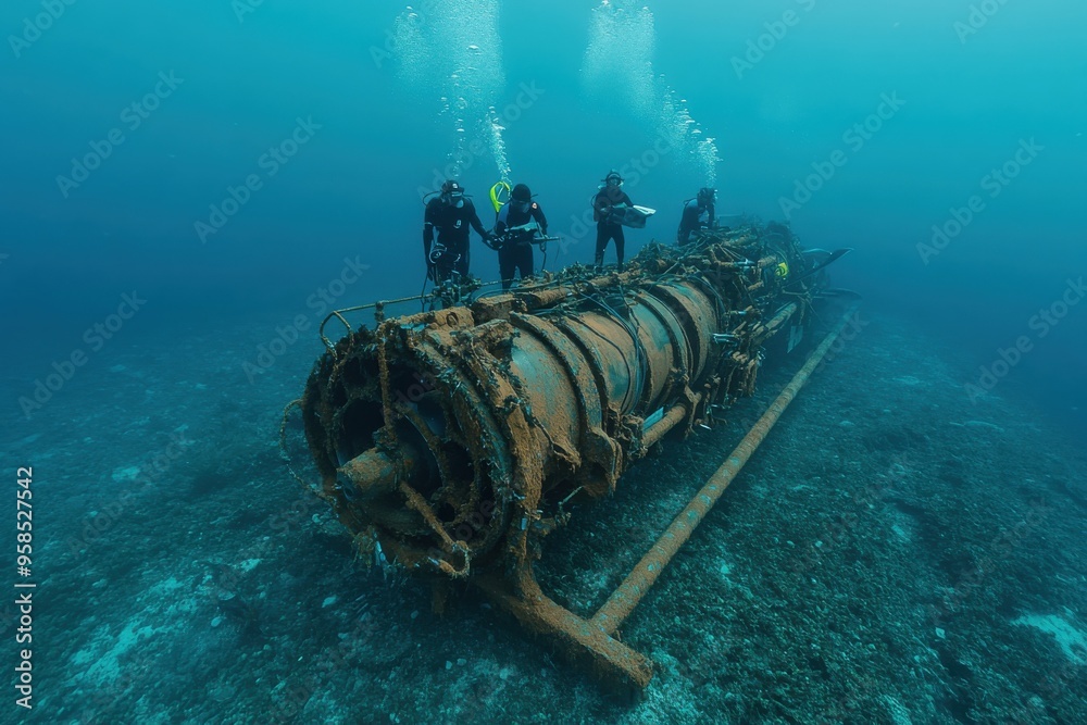 A group of divers closely examines a long, rusty and cylindrical ...