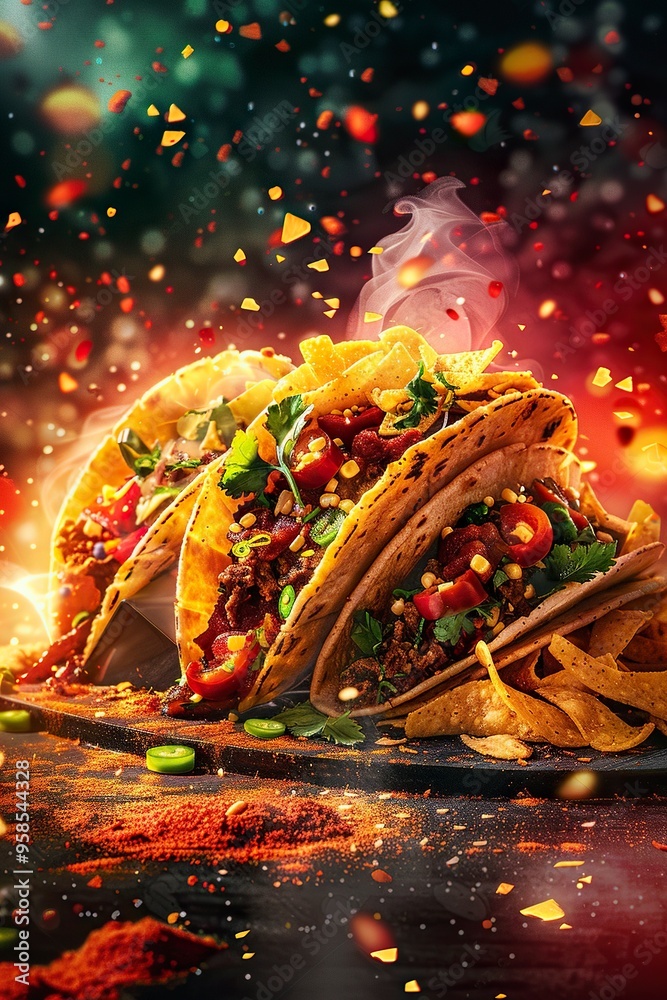 flyer of mexican tacos party, use neon colors, explosion of colors and ...