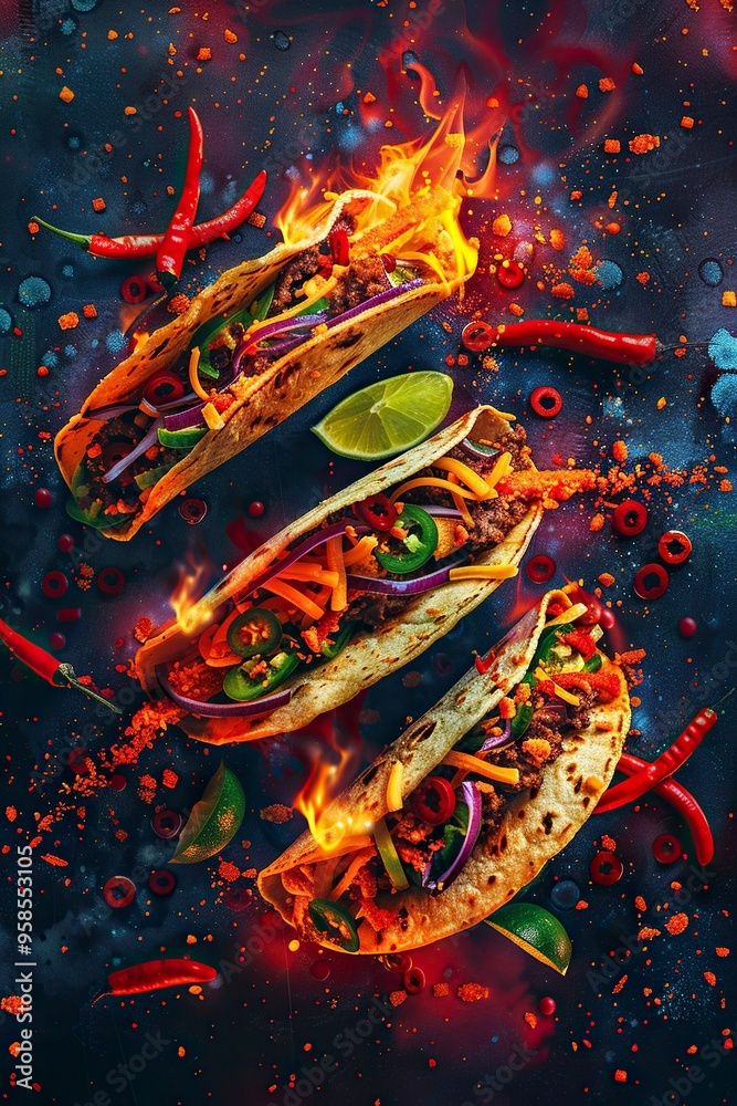 flyer of mexican tacos party, use neon colors, explosion of colors and ...