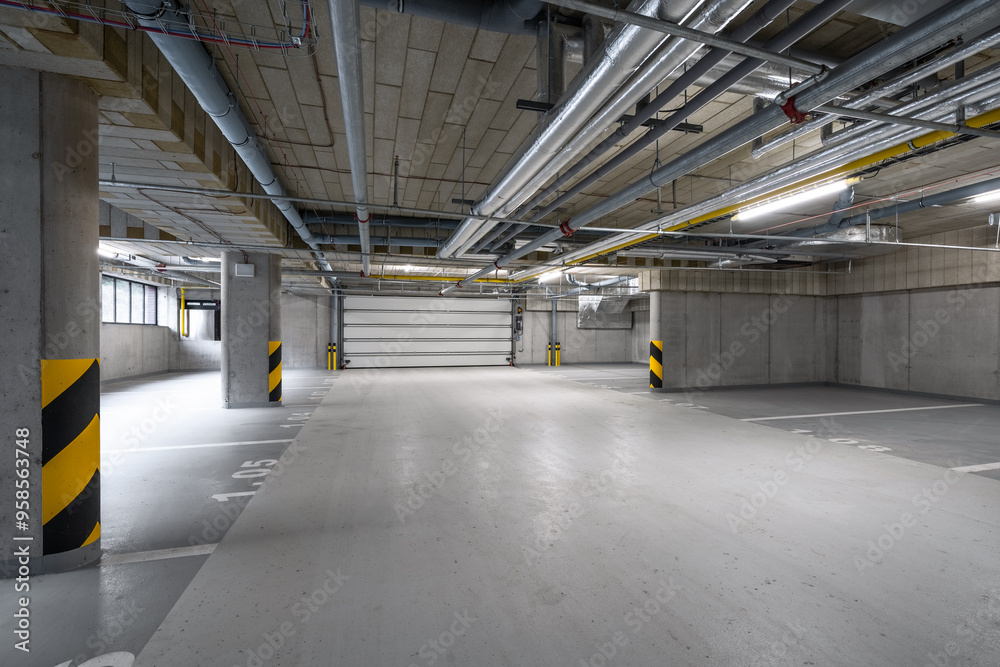 A spacious underground parking garage with exposed pipes on the ceiling ...