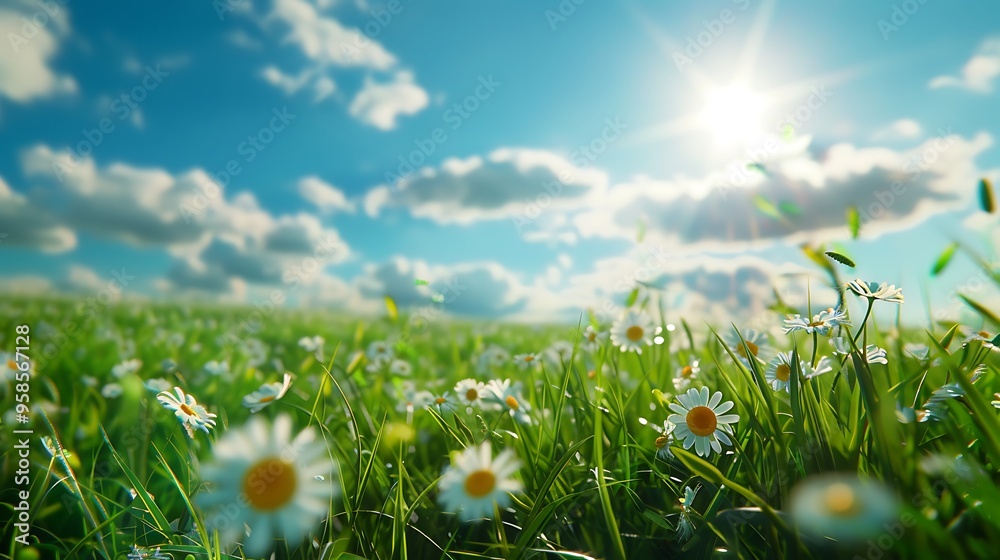eautiful spring meadow with daisies and grass, blue sky with clouds ...