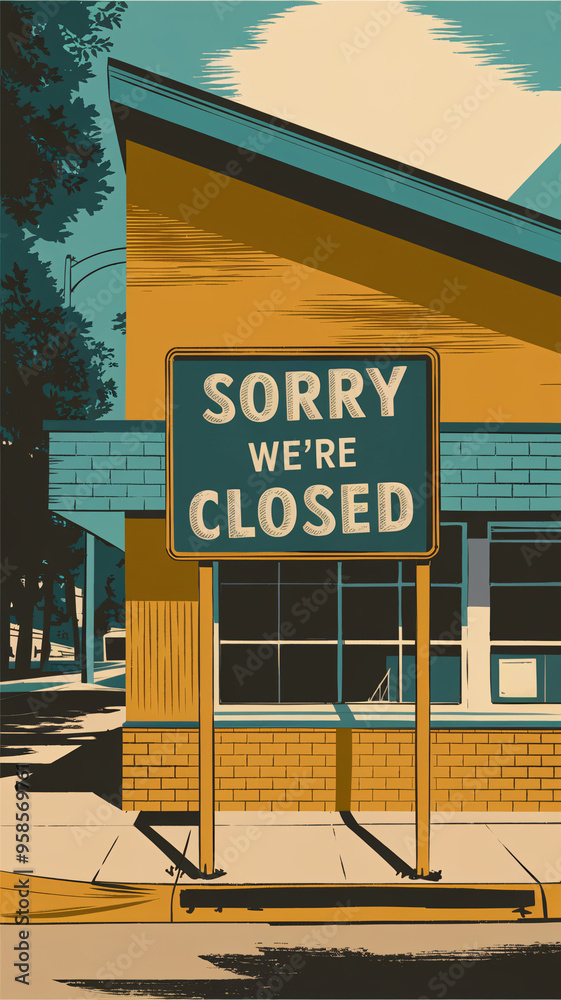 Retro "Sorry We're Closed" sign on a post in front of a vintage ...