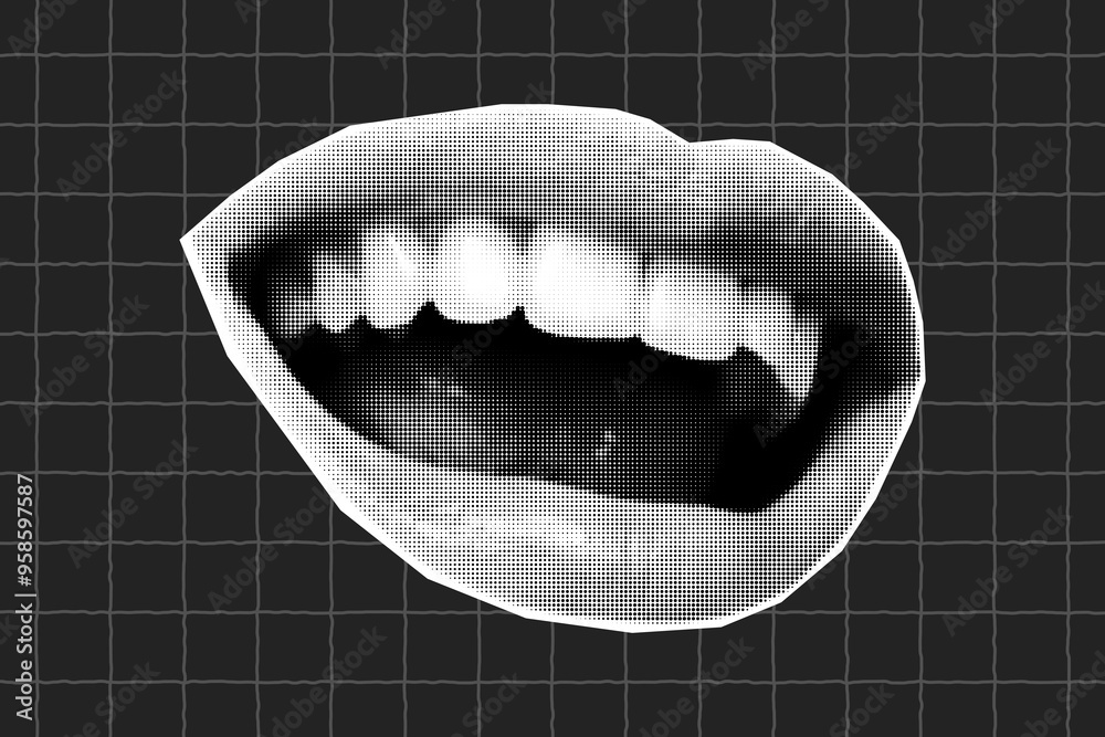 Halftone collage banner, paper cut open smiling mouth. Grunge vintage ...