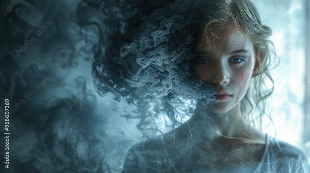 Darkness is reflected in the depths of the mirror. Women in a ...