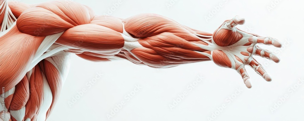 Detailed anatomical illustration of a human arm showcasing muscles and ...
