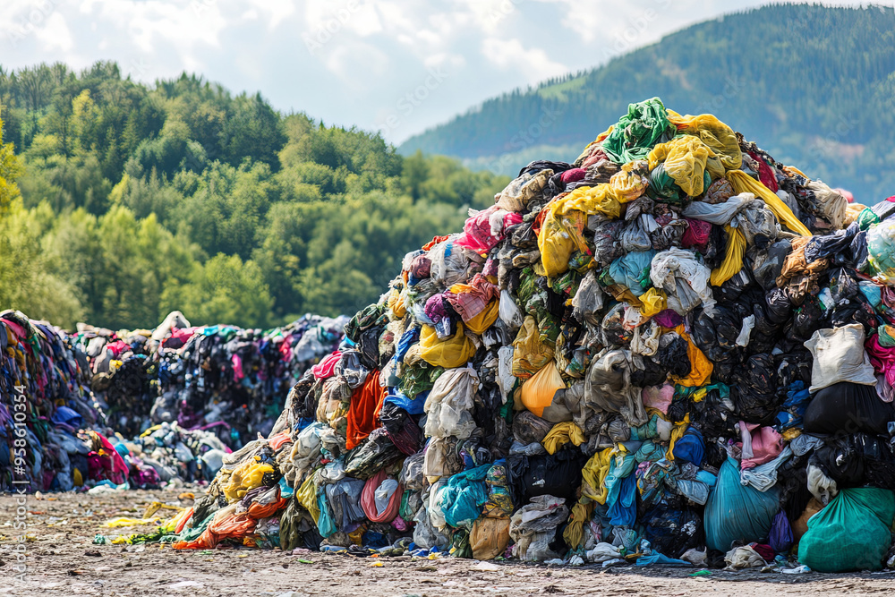 waste pile large pollution heap fashion industry trash in nature ...