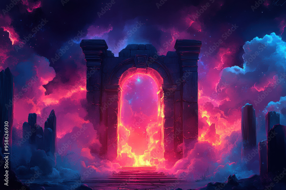Fantasy scene with glowing mystical archway amidst vibrant glowing ...