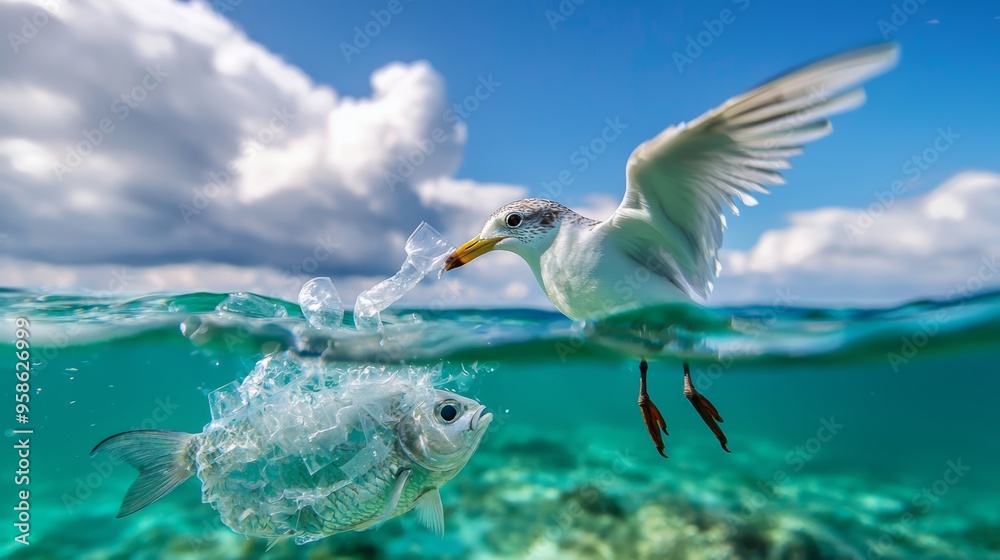 Sea bird trying to feed on a fish tangled in microplastics ...