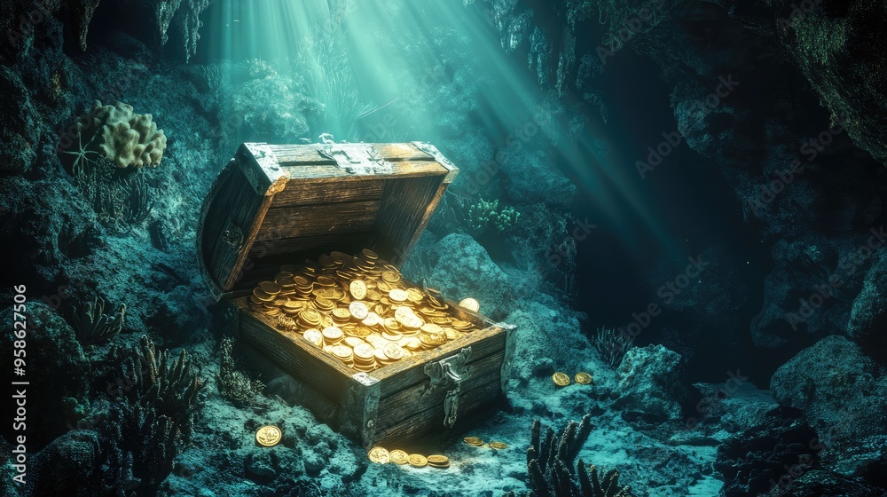A submerged treasure chest with gold coins scattered around it, in a ...
