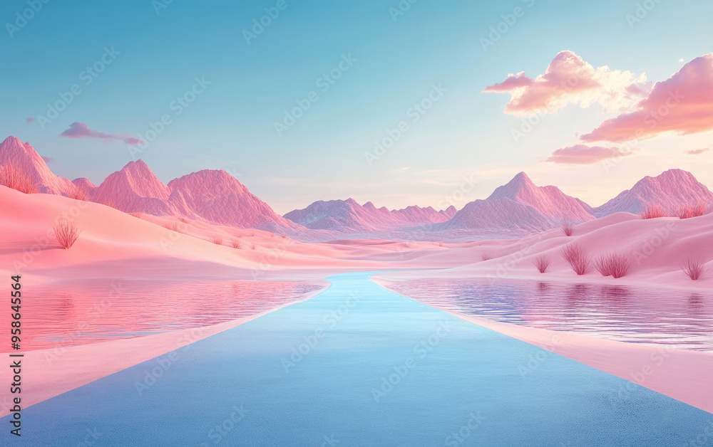 Surreal landscape featuring a pastel-colored desert with a winding blue ...