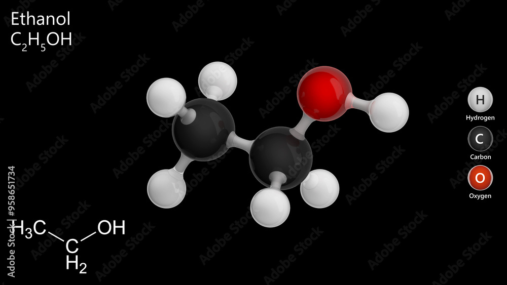 Animation of an (alcohol) ethanol molecule with 2d structure and 3d ...