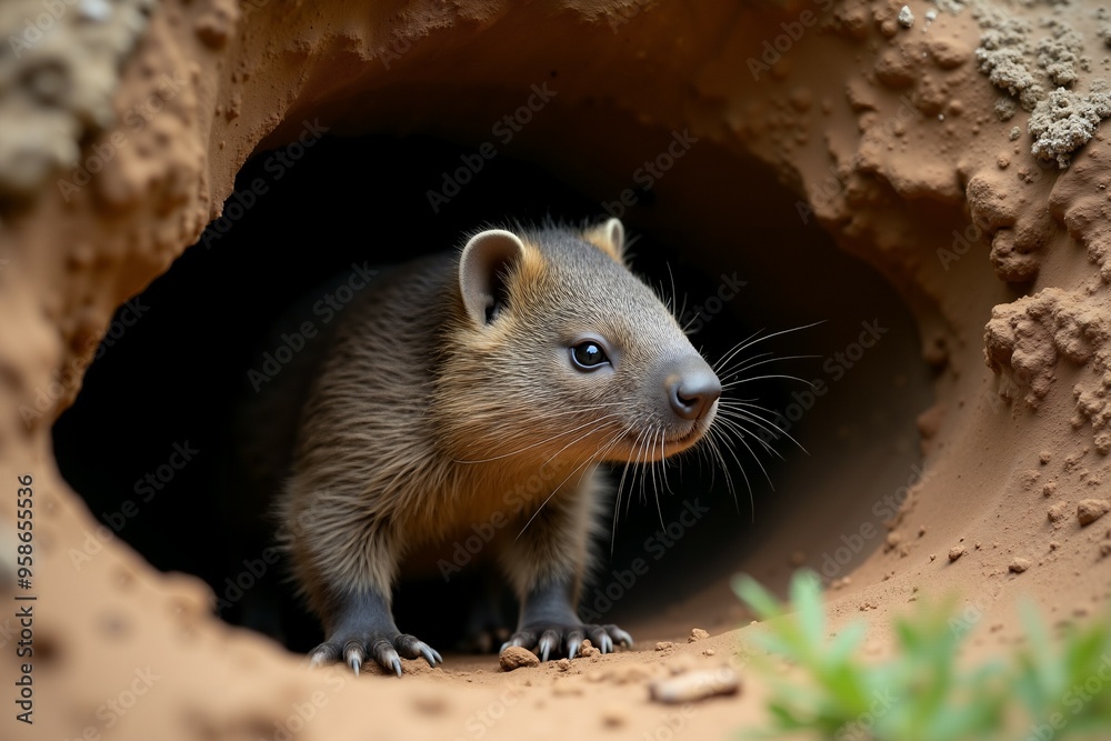 Curious wombat Peeking Out of Burrow. Wild Life. Stock Photo | Adobe Stock