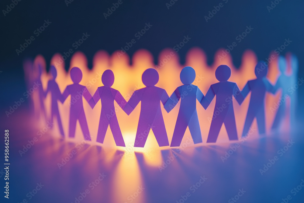 Paper cutout people holding hands forming a circle, illuminated by warm light. Symbolizing ...