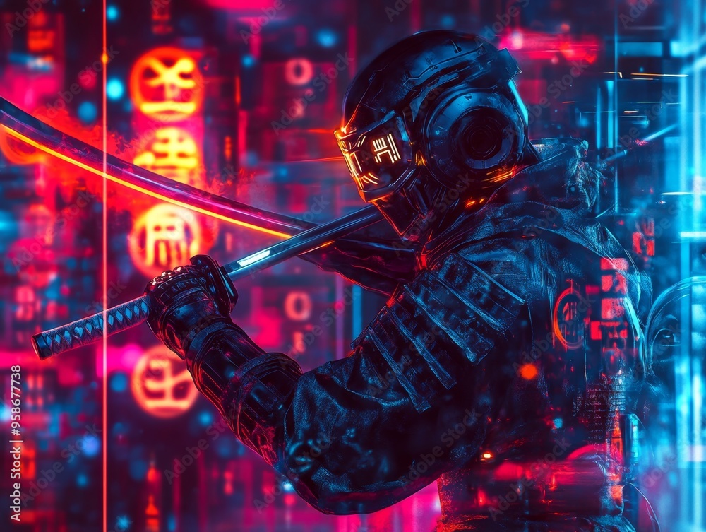 Cyber samurai warrior holding a neon katana, surrounded by digital ...