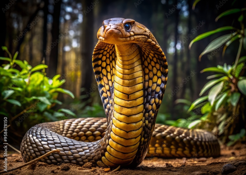 Majestic largest venomous snake species, the king cobra, rising upright ...