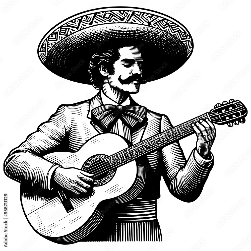 Mexican mariachi musician playing guitar, traditional sombrero and ...