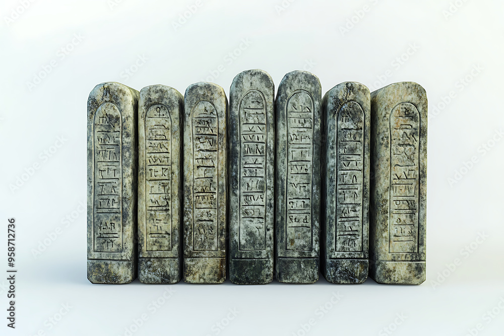Ancient stone tablets featuring inscribed commandments, representing a ...