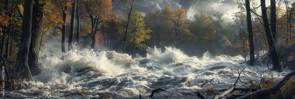Raging River Fury: A turbulent river in flood, its powerful currents ...