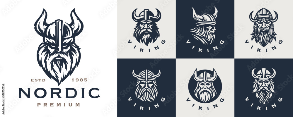 Nordic viking logo set. Norse warrior head icon collection. Horned ...