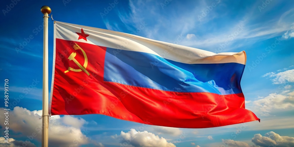 Vintage red, white, and blue tricolor flag with golden hammer and ...