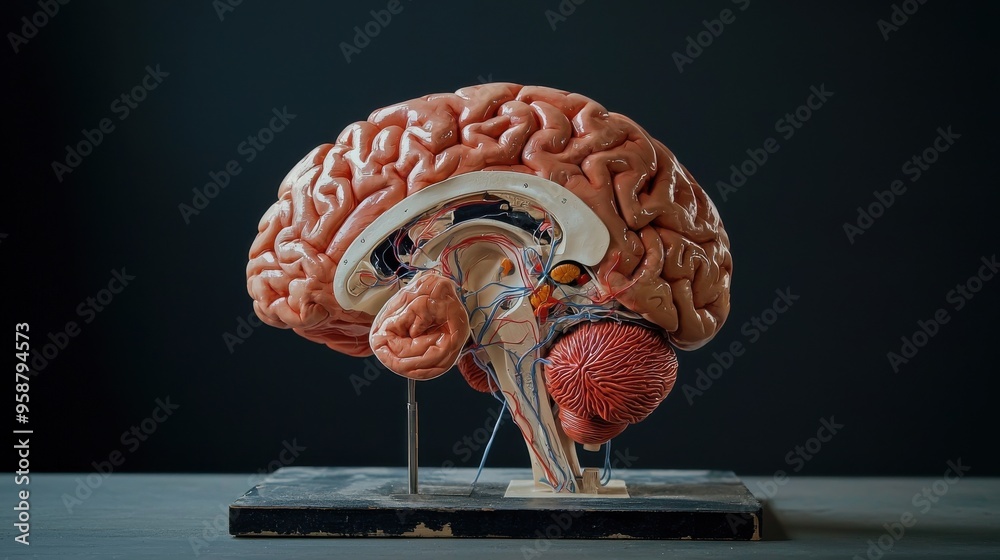 A detailed anatomical model of the human brain showing various regions ...