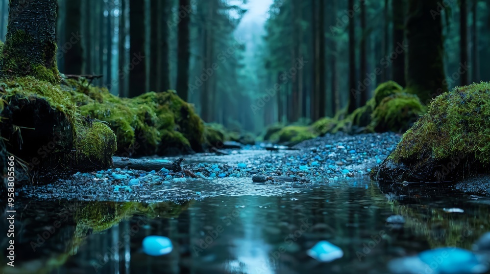 Remote, untouched forest with a stream contaminated by microplastics ...