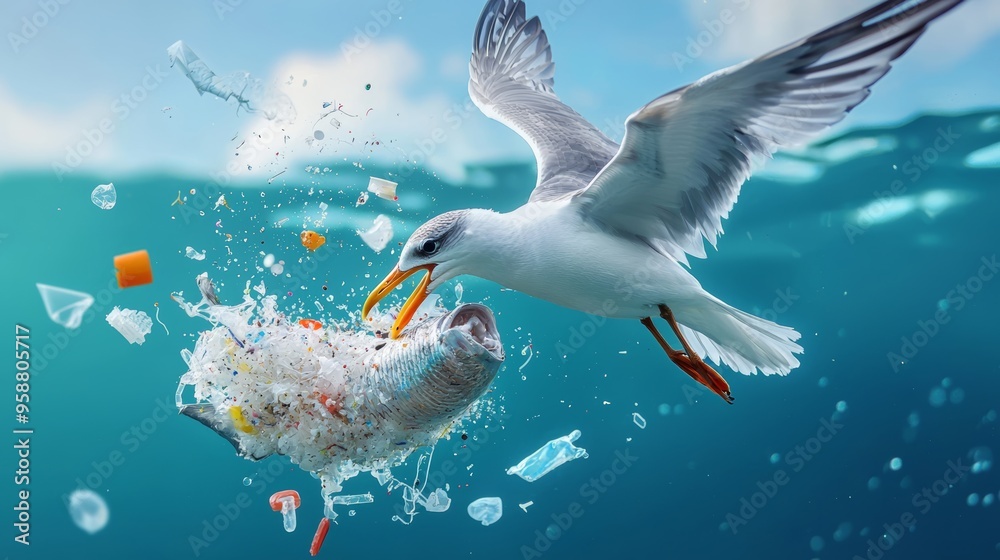 Sea bird trying to feed on a fish tangled in microplastics ...