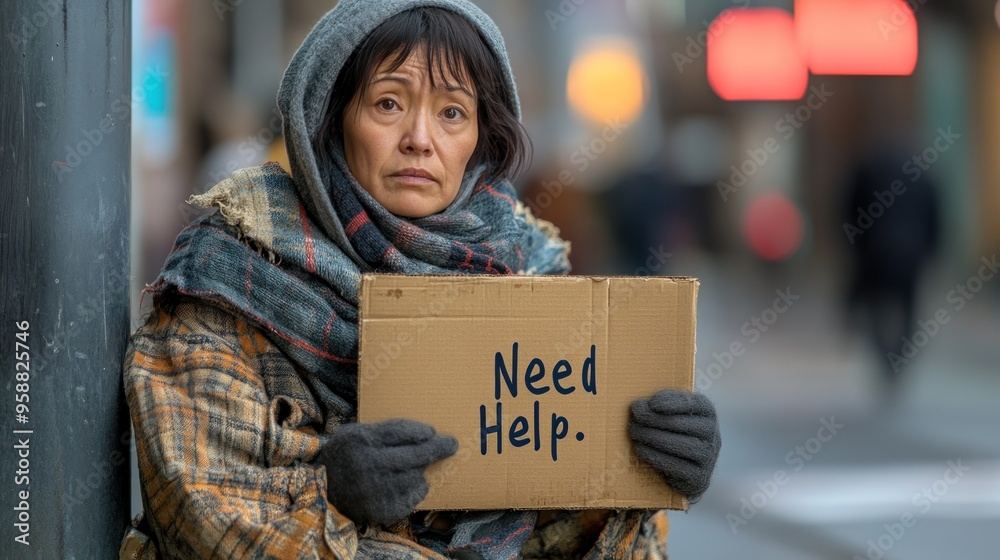 Homeless Asian woman sitting on street corner, holding sign, weathered ...