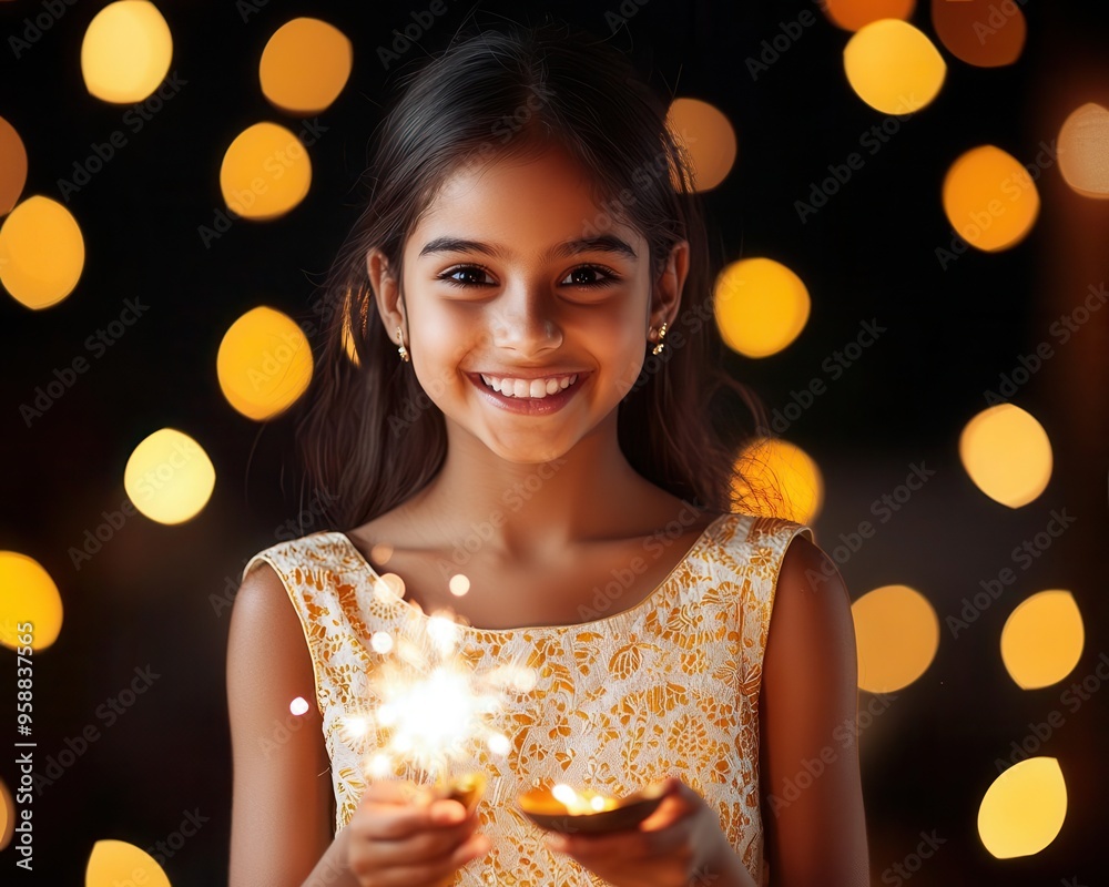 Young Indian girl lighting sparklers during Diwali, wearing traditional ...